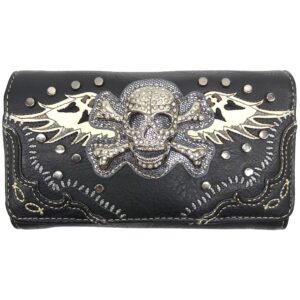 justin west skull crossbones angel wings bling concealed carry handbag purse trifold crossbody wallet (black wallet)