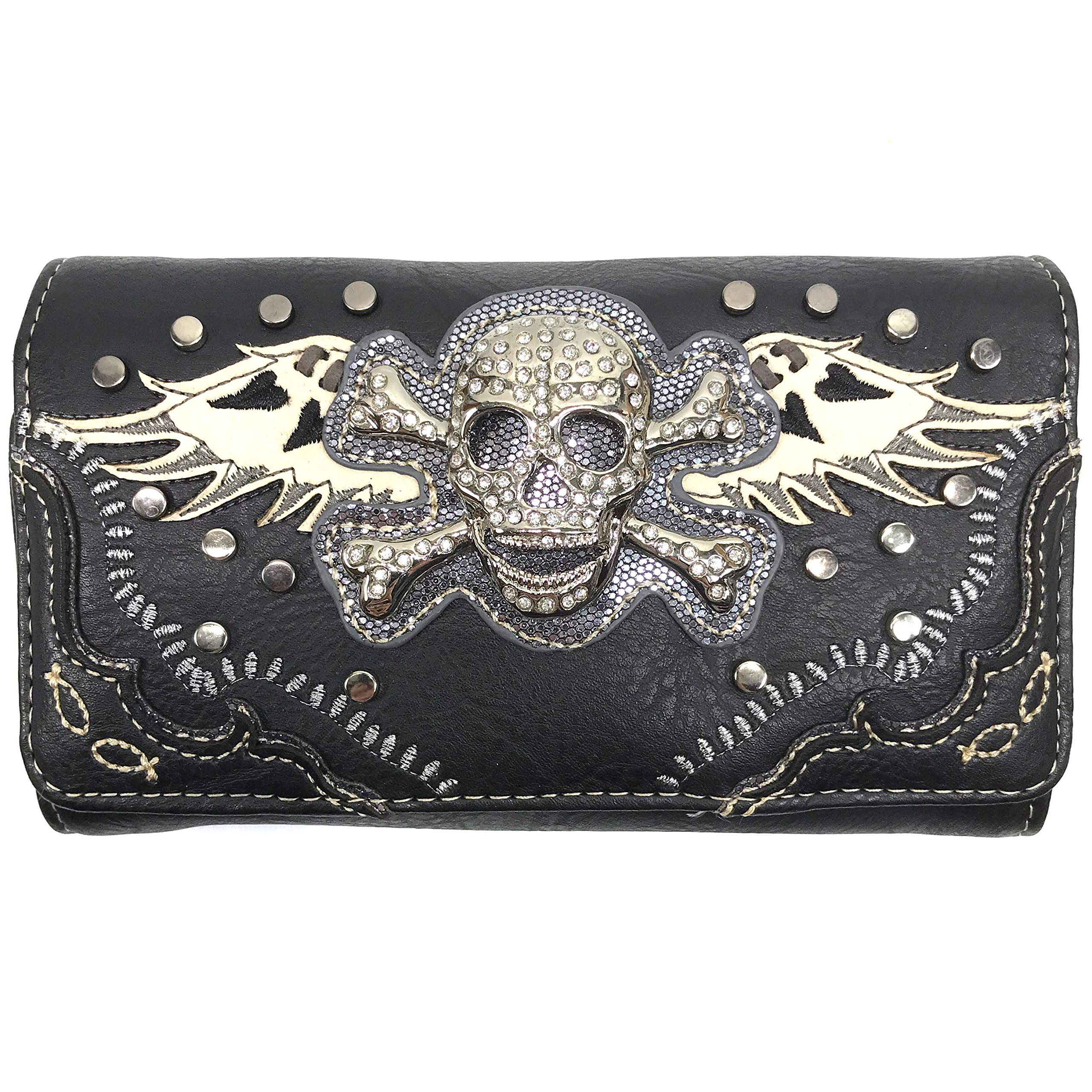 Justin West Skull Crossbones Angel Wings Bling Concealed Carry Handbag Purse Trifold Crossbody Wallet (Black Wallet)