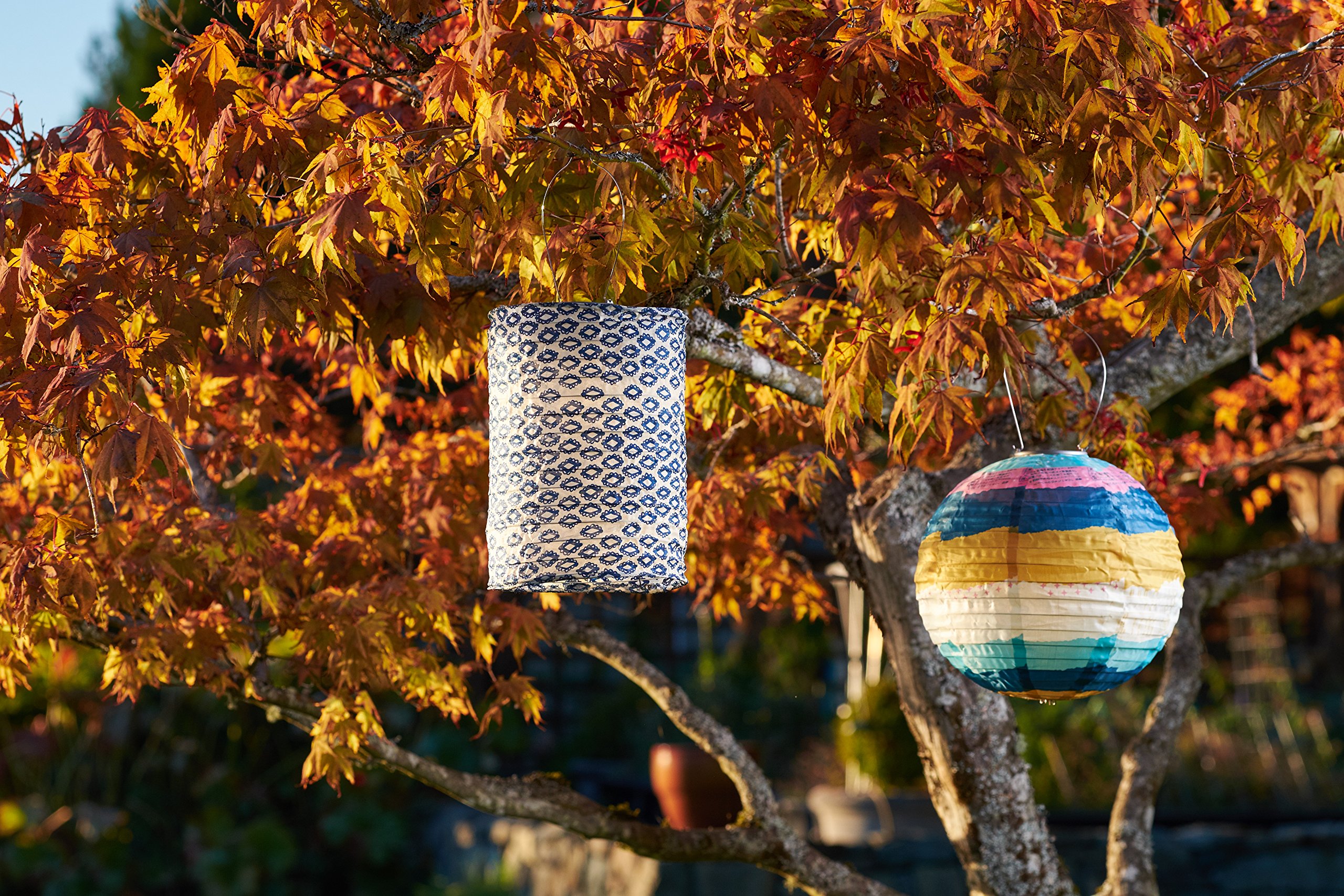 Allsop Home and Garden Soji Tribal Cylinder, LED Outdoor Solar Lantern, Handmade with Weather-Resistant UV Rated Fabric, Stainless Steel Hardware, Chinese Style Light, 1-Count