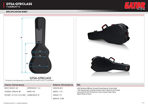 Gator Cases Molded Flight Case for Classical Style Acoustic Guitars with TSA Approved Locking Latch; (GTSA-GTRCLASS)