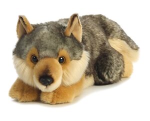 aurora® realistic miyoni® lying wolf stuffed animal - lifelike detail - cherished companionship - gray 11 inches