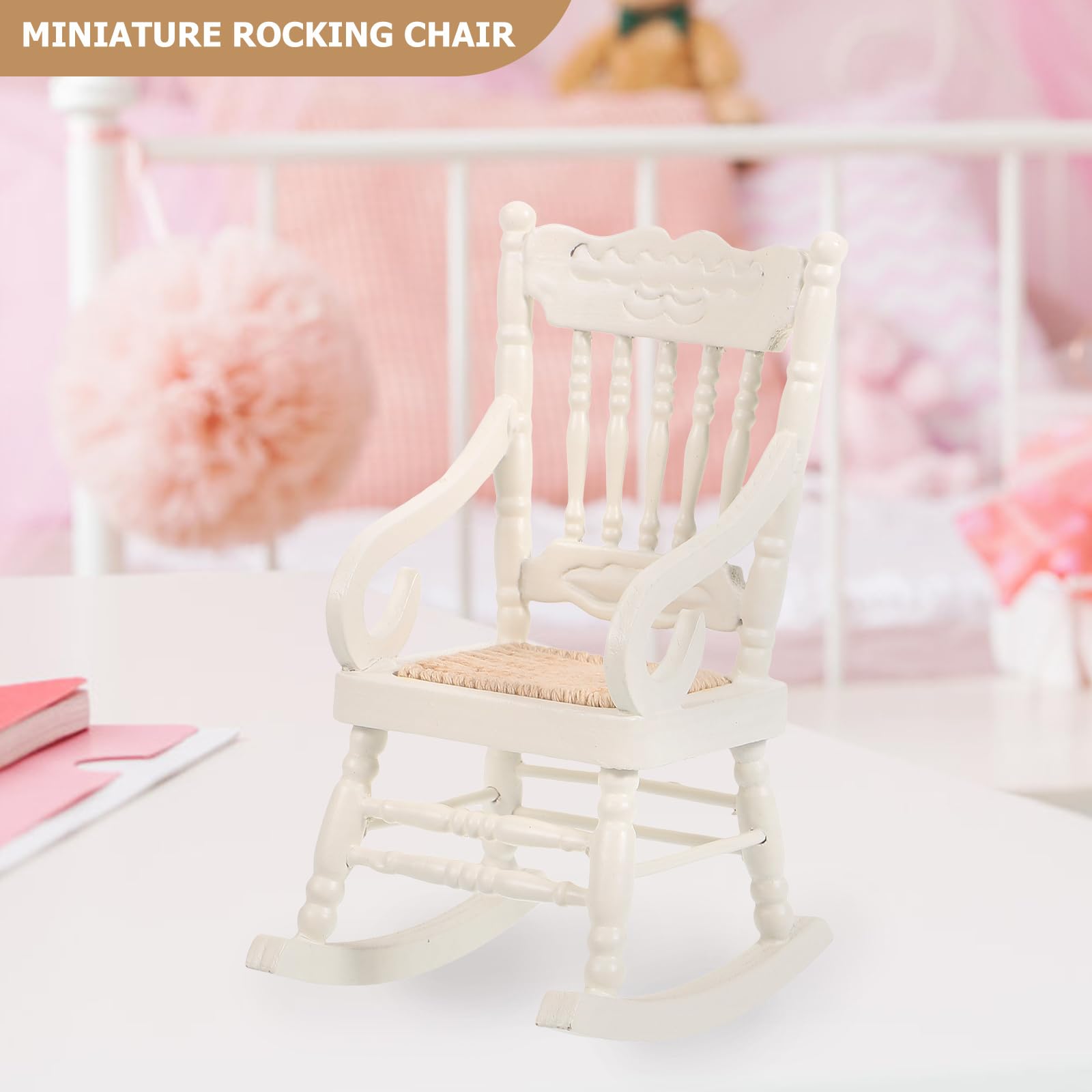 SOIMISS Dollhouse Wooden Chair, 1:12 Dollhouse Miniature Wooden Rocking Chair Model (White)