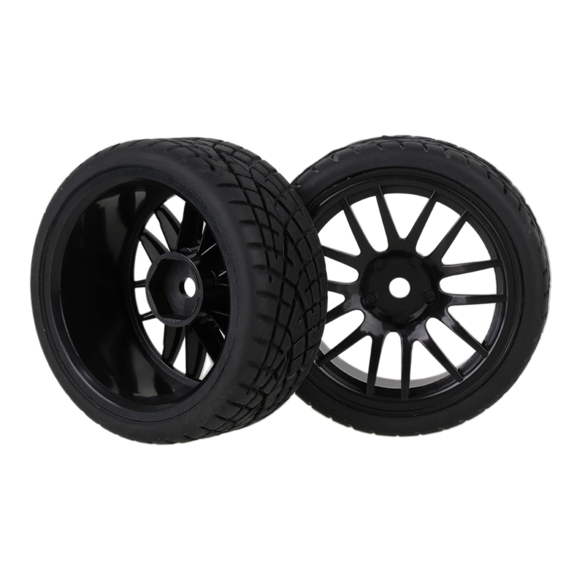 Mxfans 12mm Hex Black Plastic 14-Spoke Wheel Rims & Black Striped Pattern Rubber Tires for RC 1:10 On Road Racing Car Pack of 4 20604