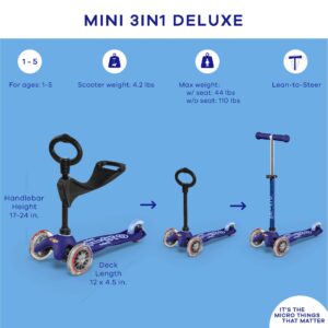 Micro Kickboard - Mini 3in1 Deluxe - Three Wheeled, Lean-to-Steer Swiss-Designed Micro Scooter for Toddlers with 3 Riding Options for Ages 1-5 (Blue)