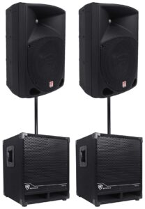 rockville 2 rpg10 10" powered 600w dj pa speakers+2 subwoofers+mounting poles