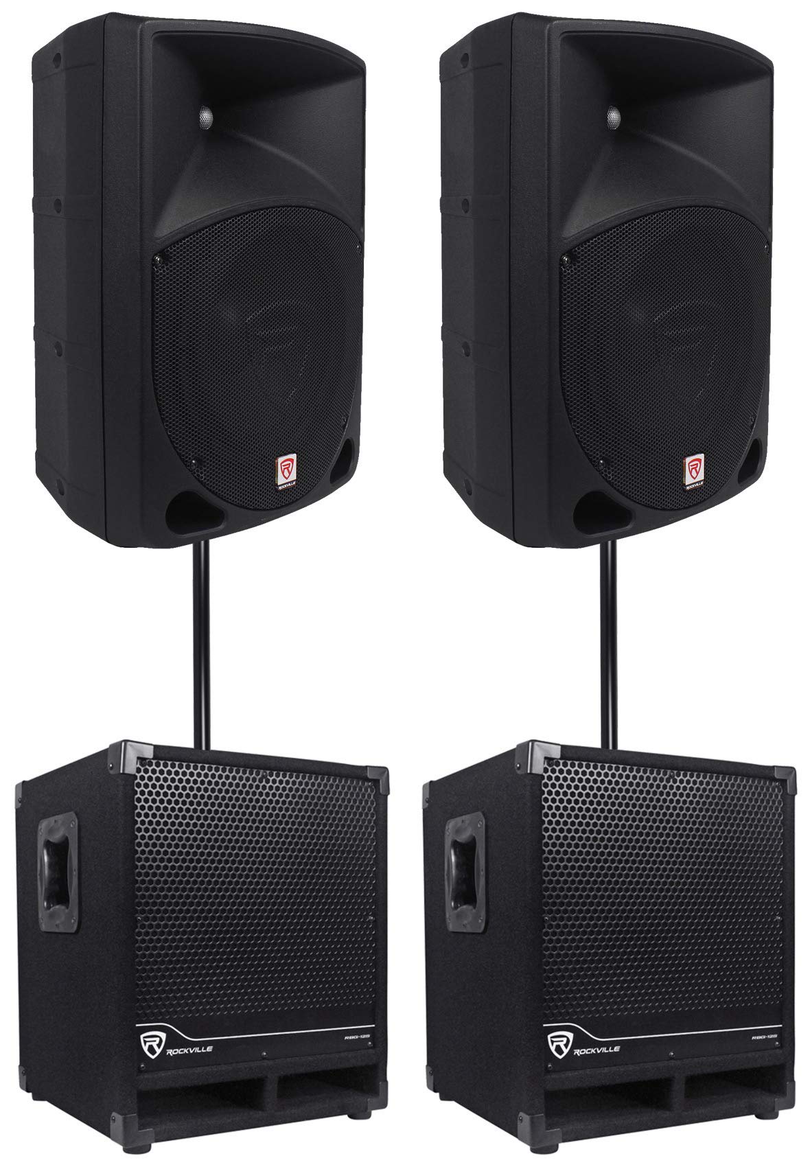 Rockville 2 RPG10 10" Powered 600W DJ PA Speakers+2 Subwoofers+Mounting Poles