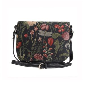 Signare Tapestry Crossbody Bag Shoulder Purse for Women In Morning Garden Black Design (XB02-MGDBK)