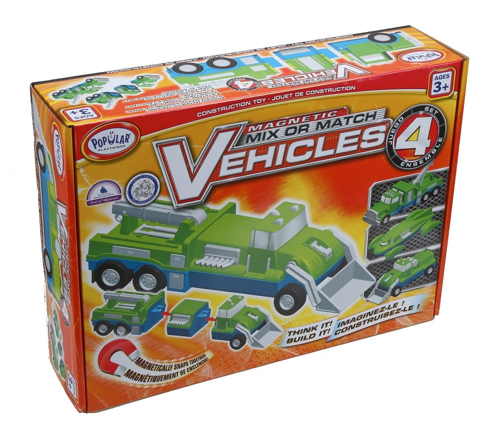 POPULAR PLAYTHINGS Magnetic Mix or Match Vehicles 4 Toy Play Set, 9 Pieces