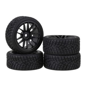 mxfans 12mm hex black plastic 14-spoke wheel rims & black striped pattern rubber tires for rc 1:10 on road racing car pack of 4 20604