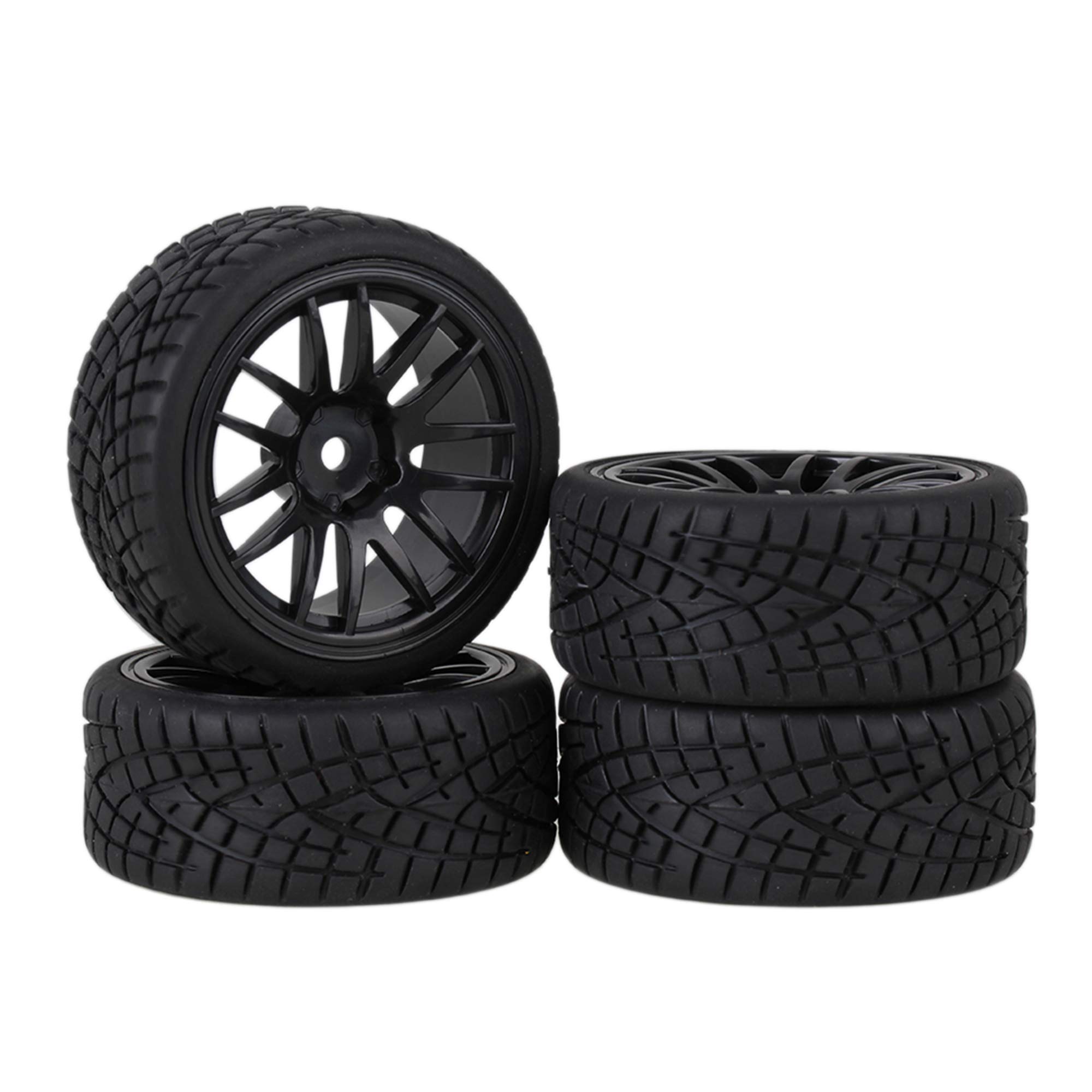 Mxfans 12mm Hex Black Plastic 14-Spoke Wheel Rims & Black Striped Pattern Rubber Tires for RC 1:10 On Road Racing Car Pack of 4 20604