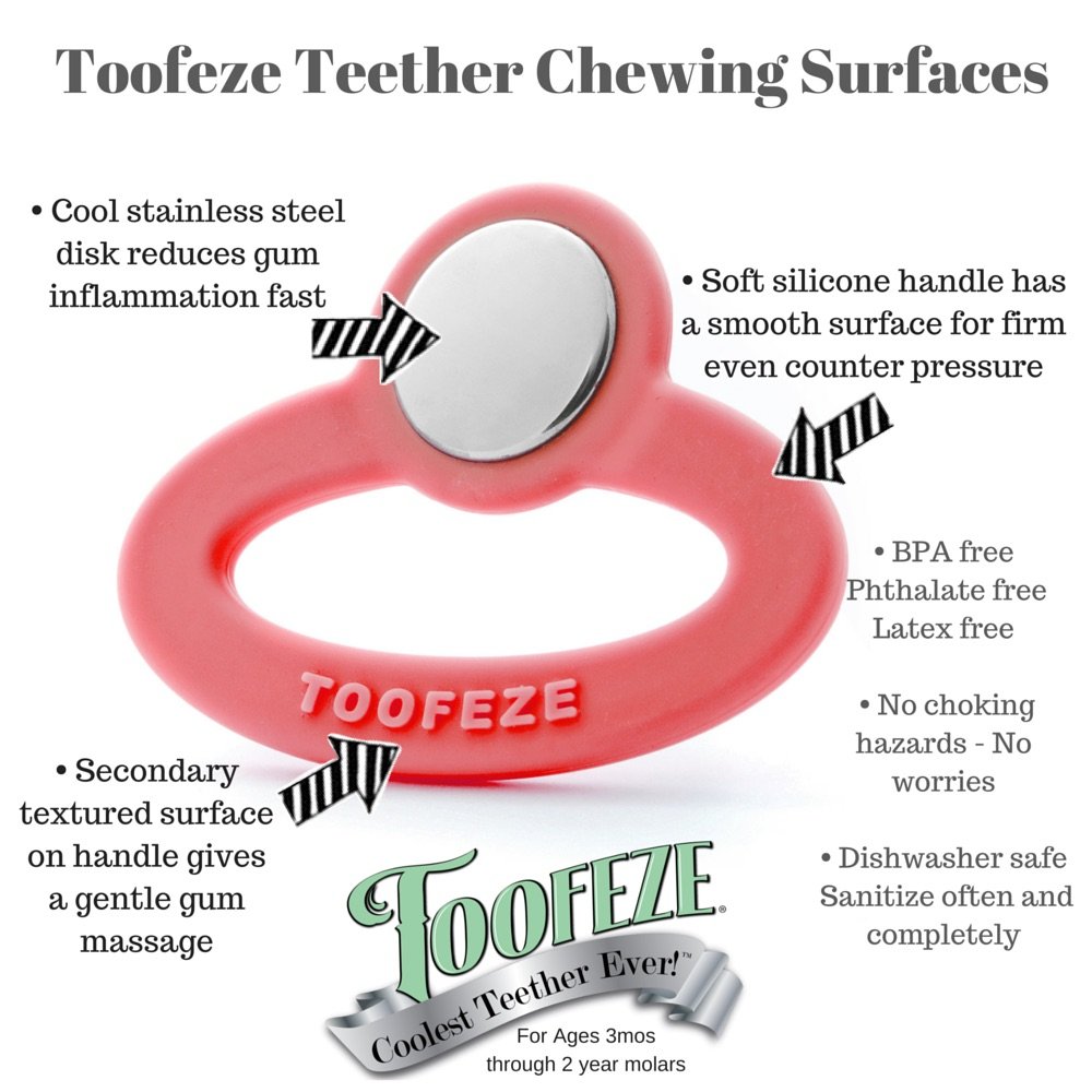 Toofeze Ice Cold Baby Teether Toy – Fast Pain Relief – All Natural Silicone and Stainless – Ages 3 mos+ (Coral Pink)