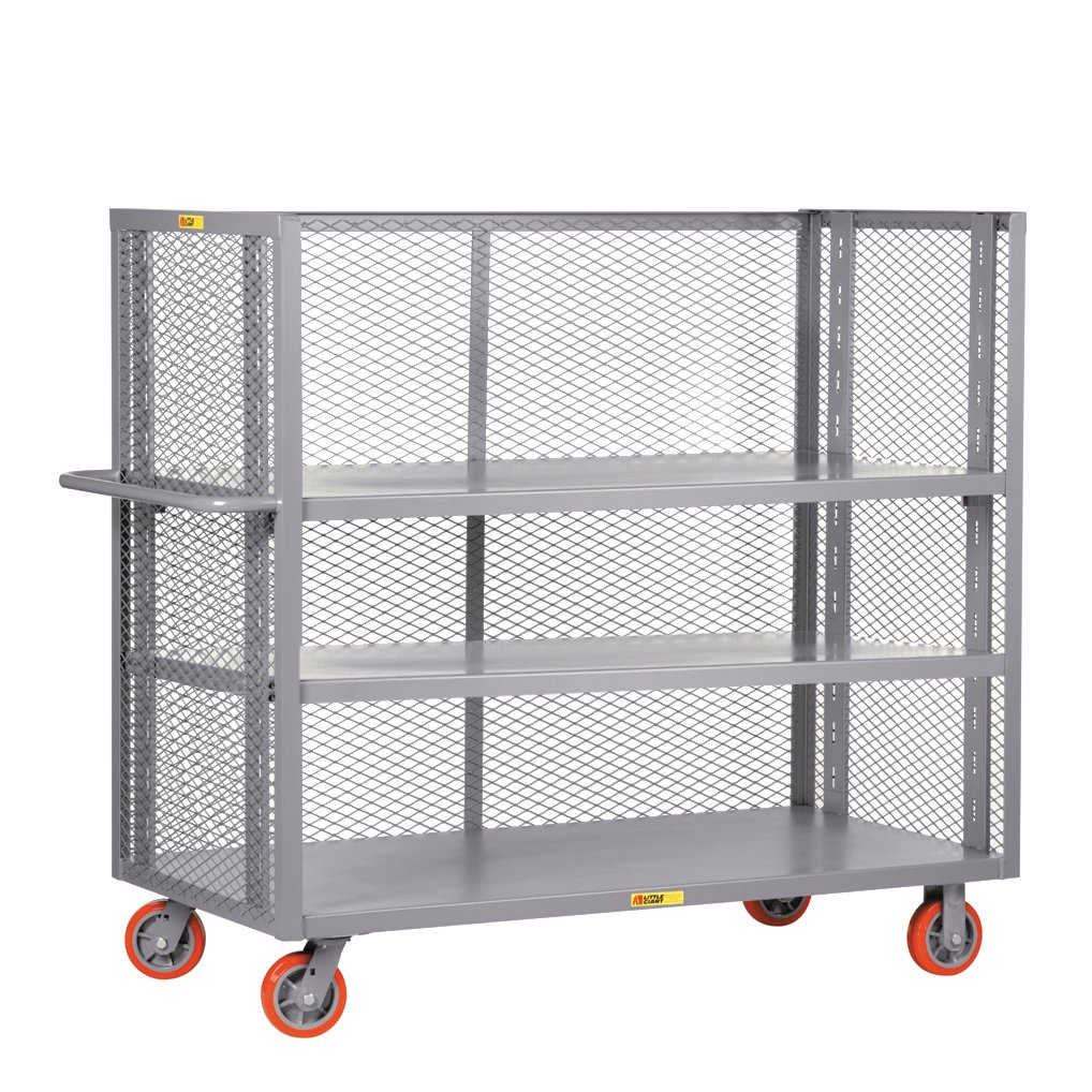 Little Giant T3-A-2448-6PY 3-Sided Adjustable Shelf Truck, 2 Shelves, Mesh Sides, 6" Polyurethane, 3600 lb. Capacity, 251.5" Length, 24" Width, 57" Height