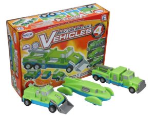 popular playthings magnetic mix or match vehicles 4 toy play set, 9 pieces