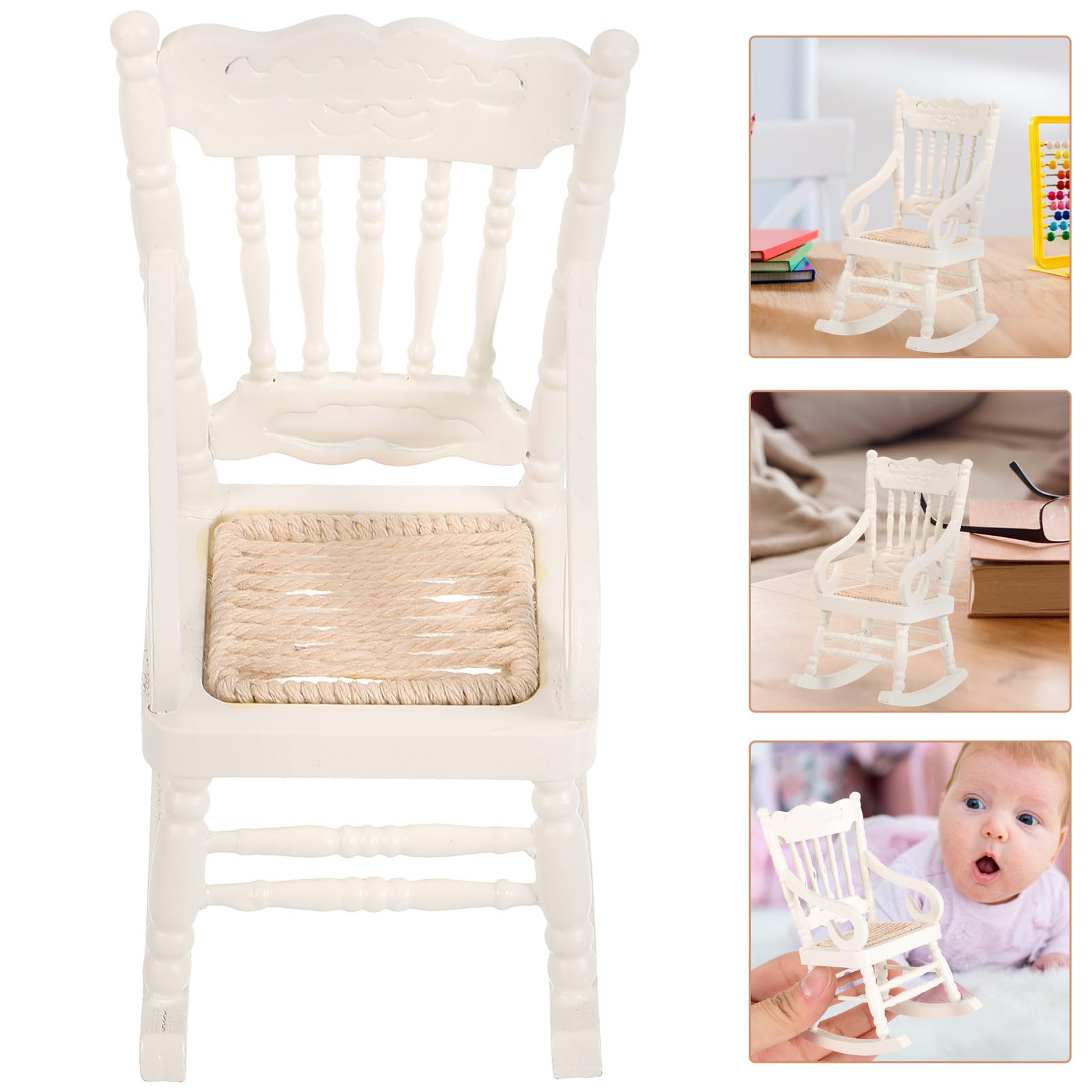 SOIMISS Dollhouse Wooden Chair, 1:12 Dollhouse Miniature Wooden Rocking Chair Model (White)