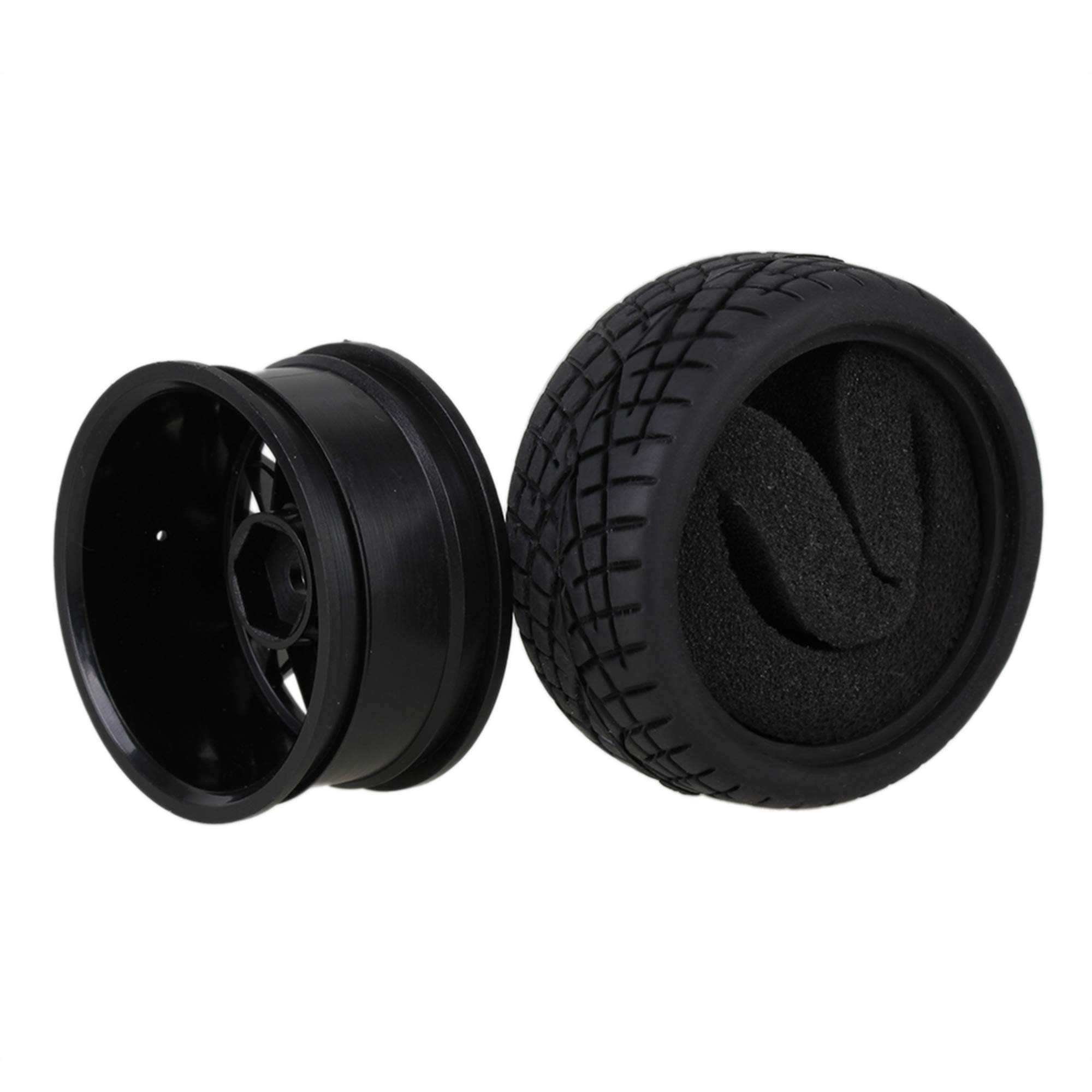 Mxfans 12mm Hex Black Plastic 14-Spoke Wheel Rims & Black Striped Pattern Rubber Tires for RC 1:10 On Road Racing Car Pack of 4 20604