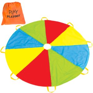 play platoon rainbow parachute toy for kids, 6 ft play parachute game for kids with 8 handles, parachute for kids, pe equipment for elementary school gym class, backyard/indoor play equipment