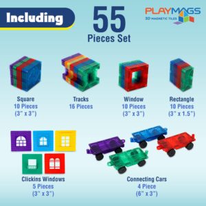 Playmags Magnetic Tiles Train Car Set for Kids - 55pcs Magnet Building Blocks Accessory Set with 4 Cars - Durable Creative STEM Learning Toys for Boys, Girls & Toddlers