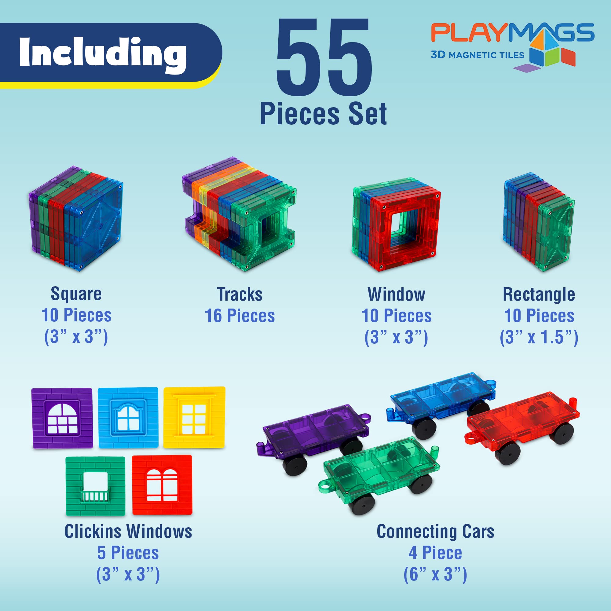 Playmags Magnetic Tiles Train Car Set for Kids - 55pcs Magnet Building Blocks Accessory Set with 4 Cars - Durable Creative STEM Learning Toys for Boys, Girls & Toddlers