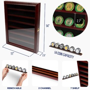 DECOMIL Challenge Coin Display Case - Solid Wood Coin Holder for 56 Military Challenge Coins, Wall Mountable Glass Door, Cherry Finish - Coin Collection Supplies