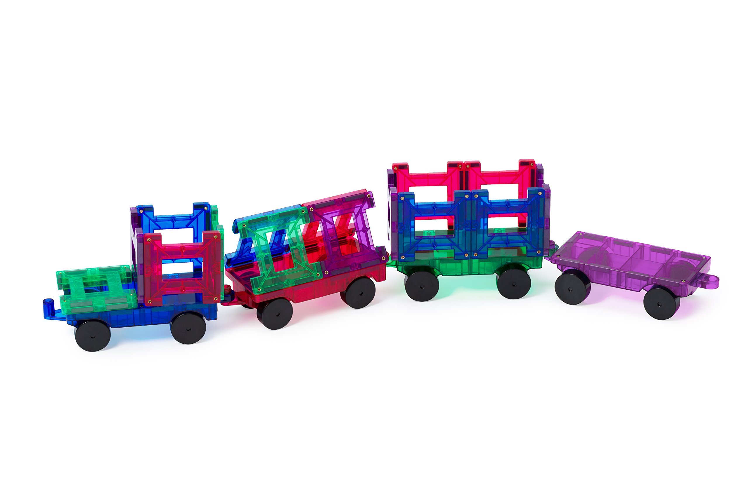 Playmags Magnetic Tiles Train Car Set for Kids - 55pcs Magnet Building Blocks Accessory Set with 4 Cars - Durable Creative STEM Learning Toys for Boys, Girls & Toddlers