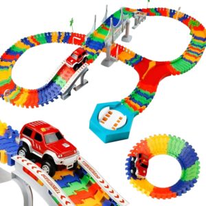 192 pieces flexible race track playset - magic journey rainbow create a road super snap speedway stem building toy with race car for kids