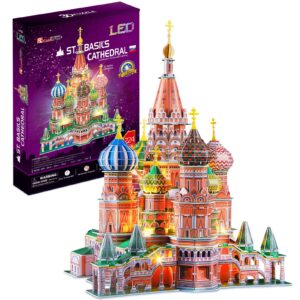 cubicfun led russia cathedral 3d puzzles for adults kids, st.basil's cathedral architecture building church model kits toys for teens, 224 pieces