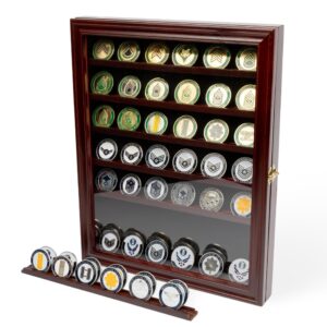 decomil challenge coin display case - solid wood coin holder for 56 military challenge coins, wall mountable glass door, cherry finish - coin collection supplies