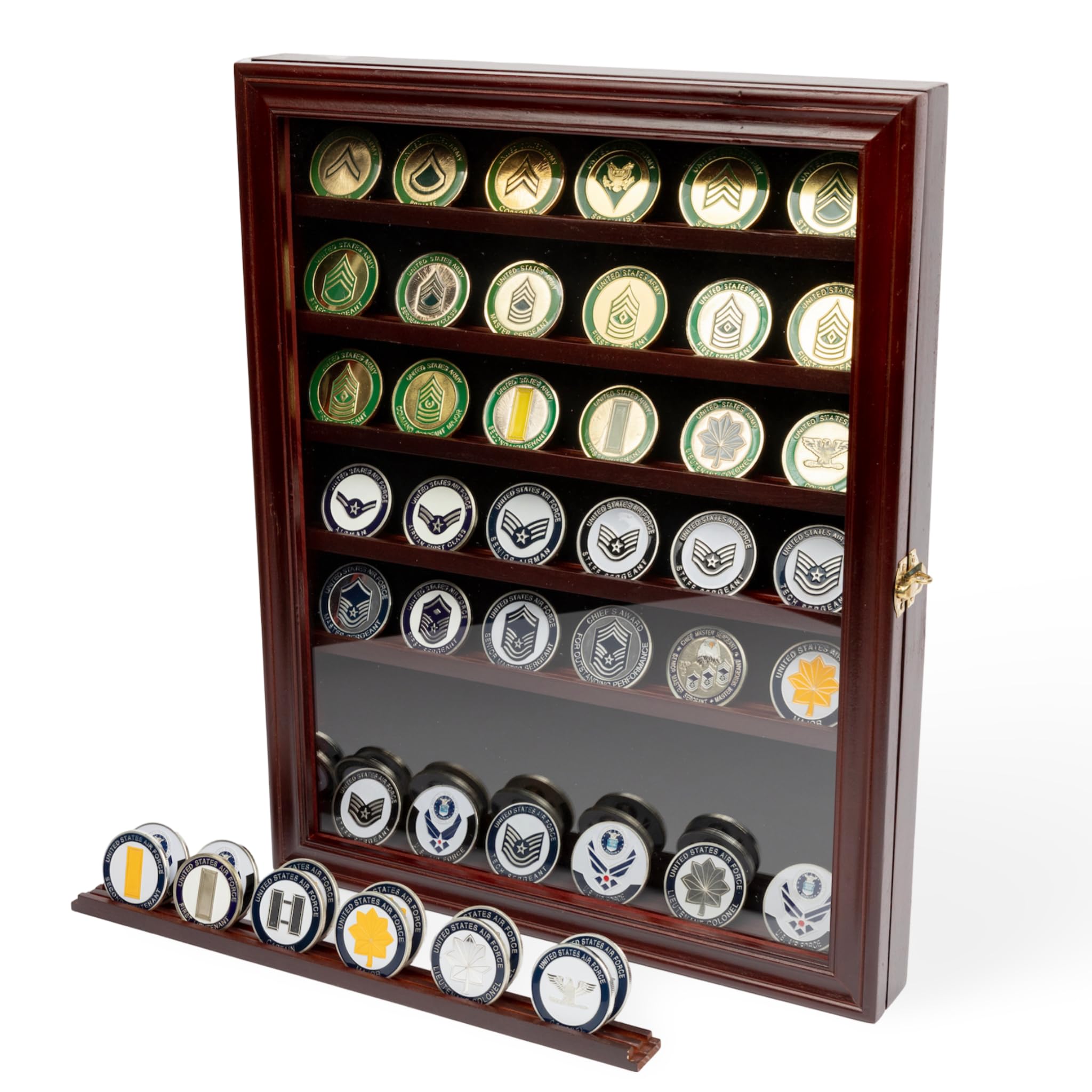 DECOMIL Challenge Coin Display Case - Solid Wood Coin Holder for 56 Military Challenge Coins, Wall Mountable Glass Door, Cherry Finish - Coin Collection Supplies