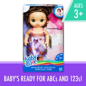 Baby Alive C2695 READY FOR SCHOOL BABY: Brown Hair Baby Doll, School-Themed Dress, Doll Accessories Include Notebook & Brush, Doll For 3-Year-Old Girls and Boys and Up, Multicolor (Amazon Exclusive)