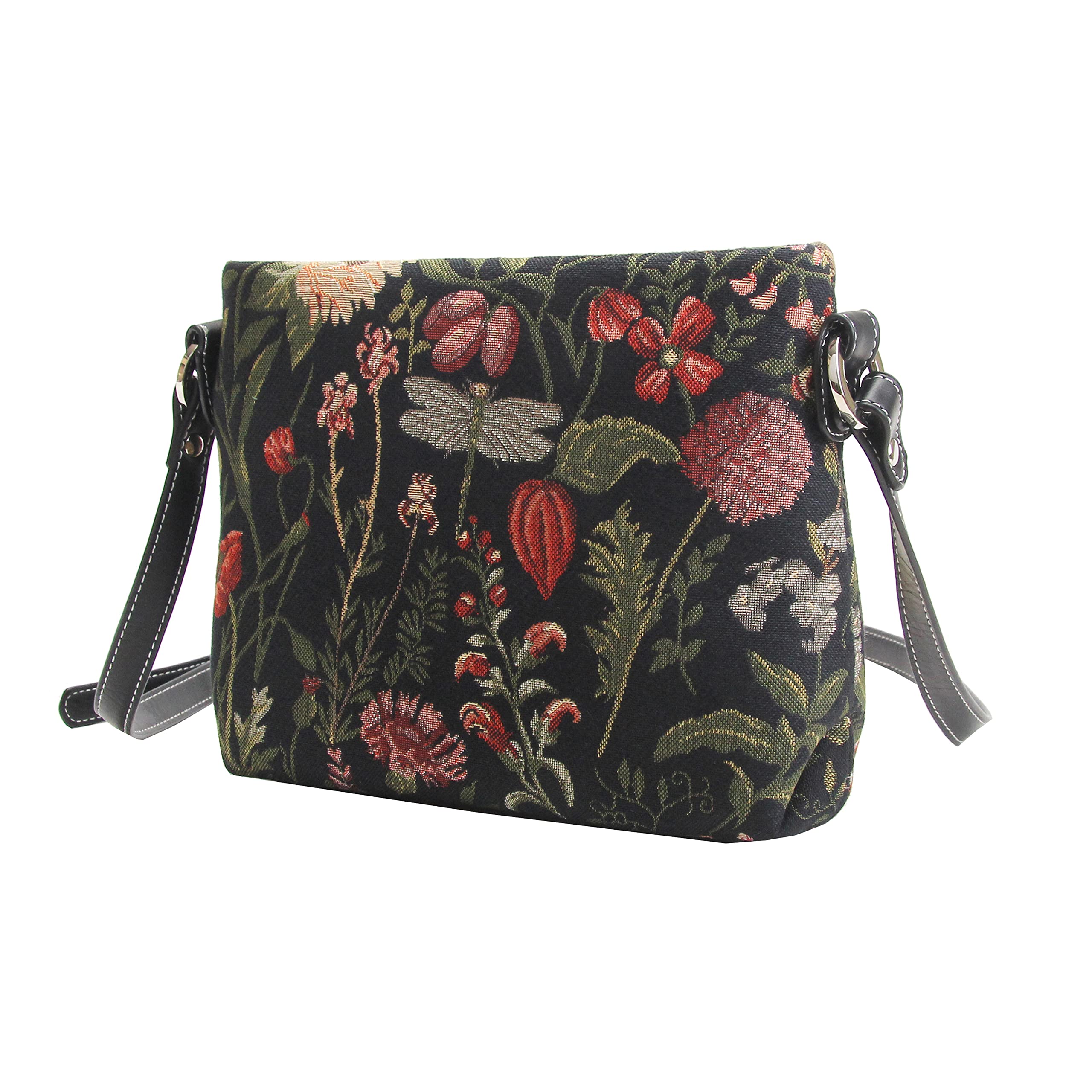 Signare Tapestry Crossbody Bag Shoulder Purse for Women In Morning Garden Black Design (XB02-MGDBK)