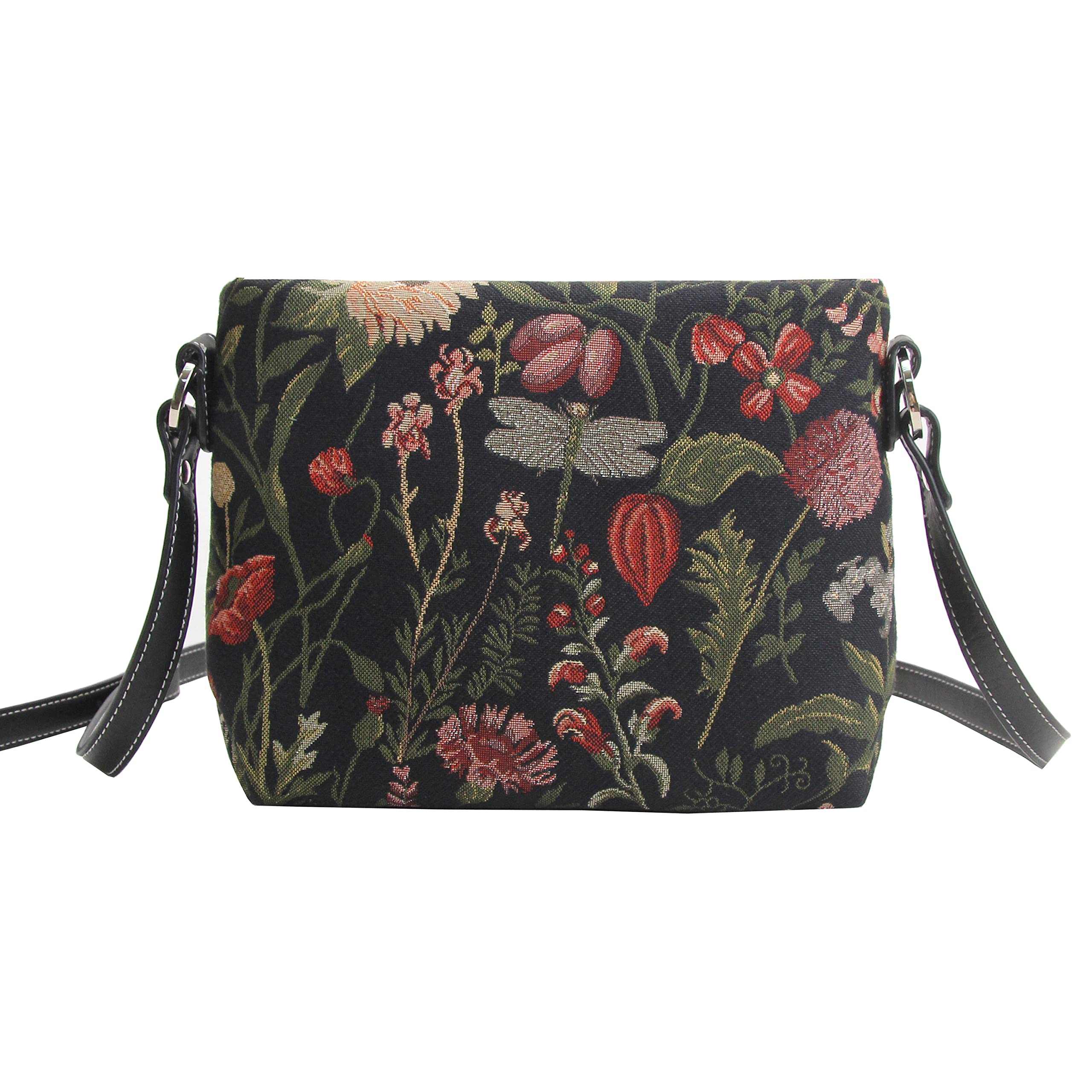 Signare Tapestry Crossbody Bag Shoulder Purse for Women In Morning Garden Black Design (XB02-MGDBK)