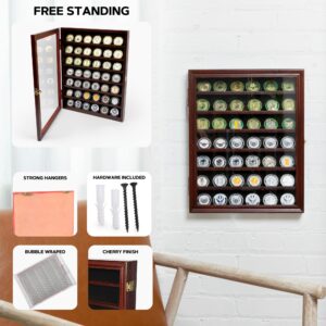 DECOMIL Challenge Coin Display Case - Solid Wood Coin Holder for 56 Military Challenge Coins, Wall Mountable Glass Door, Cherry Finish - Coin Collection Supplies