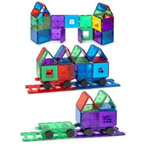 playmags magnetic tiles train car set for kids - 55pcs magnet building blocks accessory set with 4 cars - durable creative stem learning toys for boys, girls & toddlers