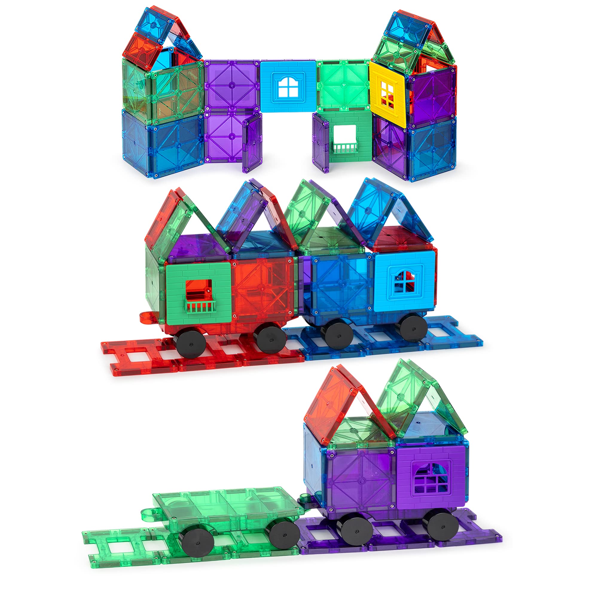 Playmags Magnetic Tiles Train Car Set for Kids - 55pcs Magnet Building Blocks Accessory Set with 4 Cars - Durable Creative STEM Learning Toys for Boys, Girls & Toddlers