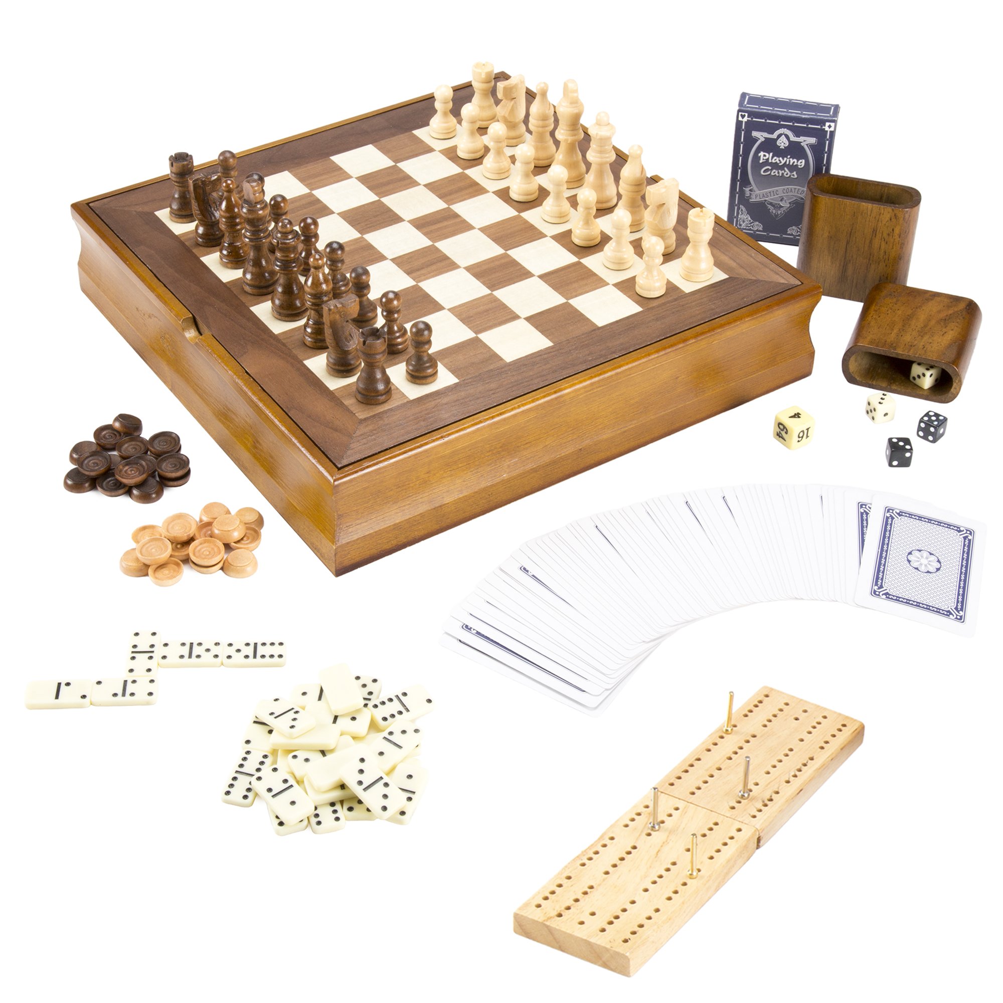 Hey! Play! 7-in-1 Classic Wooden Board Game Set – Old Fashioned Family Game Night Cards, Dice, Chess, Checkers, Backgammon, Dominoes and Cribbage (12-HY2691)