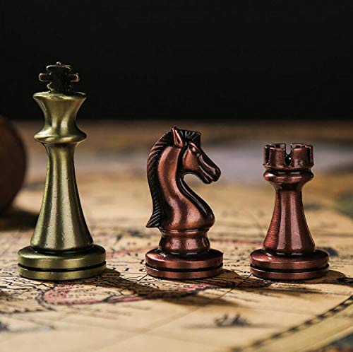 Agirlgle Retro Metal Chess Set with Folding Wooden Chess Board and Classic Handmade Standard Pieces Metal Chess Set for Kids Adult