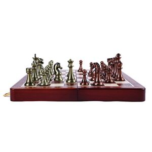 Agirlgle Retro Metal Chess Set with Folding Wooden Chess Board and Classic Handmade Standard Pieces Metal Chess Set for Kids Adult