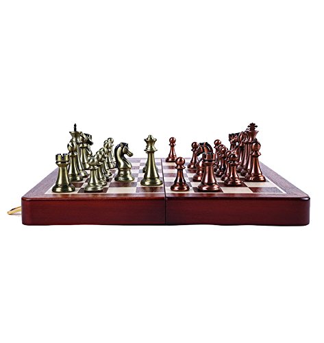 Agirlgle Retro Metal Chess Set with Folding Wooden Chess Board and Classic Handmade Standard Pieces Metal Chess Set for Kids Adult