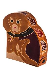 tzedakah charity box handmade of tooled leather. the puppy dog is beautiful saturated with color and rich design. size 6.00 inch high. 5.5 inch long and 1.5 inch wide.