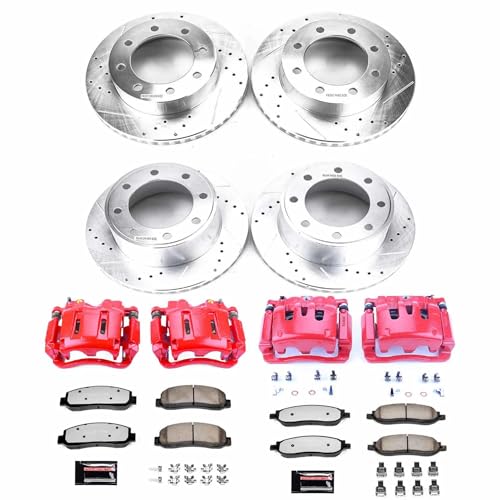 Power Stop Front and Rear KC1782-36 Z36 Truck & Tow Brake Pads and Drilled and Slotted Brake Rotors Brake Kit with Red Powder Coated Calipers For 2005 2006 Ford F250 F350