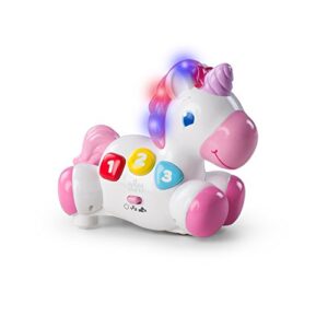 bright starts rock & glow unicorn crawling baby toy with lights and melodies, age 6 months +, pink