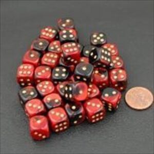 chessex manufacturing 26833 d6 cube gemini set of 36 dice, 12 mm - black & red with gold numbering by chessex manufacturing