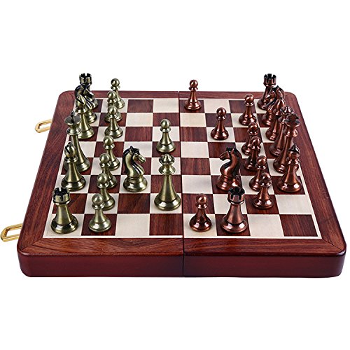 Agirlgle Retro Metal Chess Set with Folding Wooden Chess Board and Classic Handmade Standard Pieces Metal Chess Set for Kids Adult