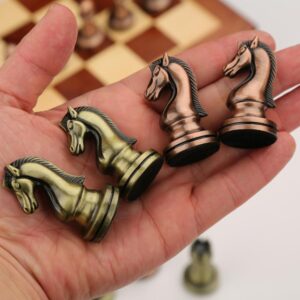 Agirlgle Retro Metal Chess Set with Folding Wooden Chess Board and Classic Handmade Standard Pieces Metal Chess Set for Kids Adult