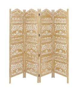 deco 79 wooden scroll handmade partition room divider screen hinged foldable partition 4 panel privacy screen with carved elephant accents, room partition 80" x 1" x 72", gold