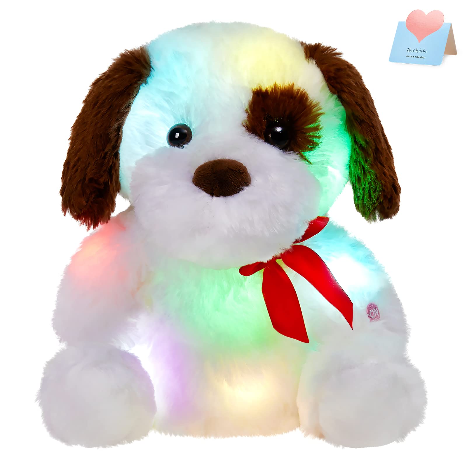 BSTAOFY 12'' Light up Puppy Stuffed Animal Glow Dog Plush Toy with Bow Tie LED Nightlight Bedtime Companion Birthday Christmas Holiday Valentines Day Gift for Toddler Kids Boys Girls