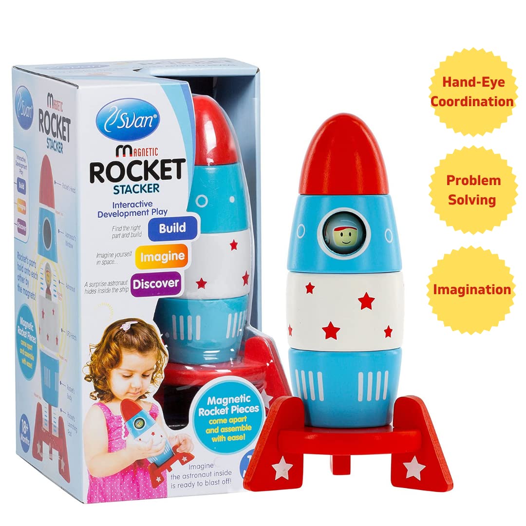 Svan Wooden Stacker Toy Space Rocket - 6 Magnetic Stacking Pieces - Magnet Building Set with Surprise Astronaut Inside, Fun Hands On Game for Kids, All Natural Wood, Childrens Interactive Play