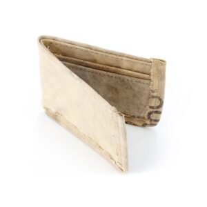 real deal brazil recycled tarp bariri bi-fold wallet, handcrafted in brazil.