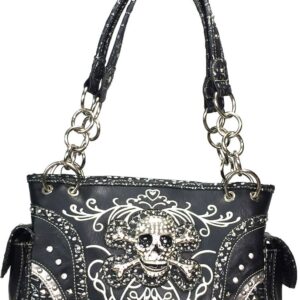 Zzfab Embroidered Concealed Carry Western Handbag Rhinestone Studded Skull Purse