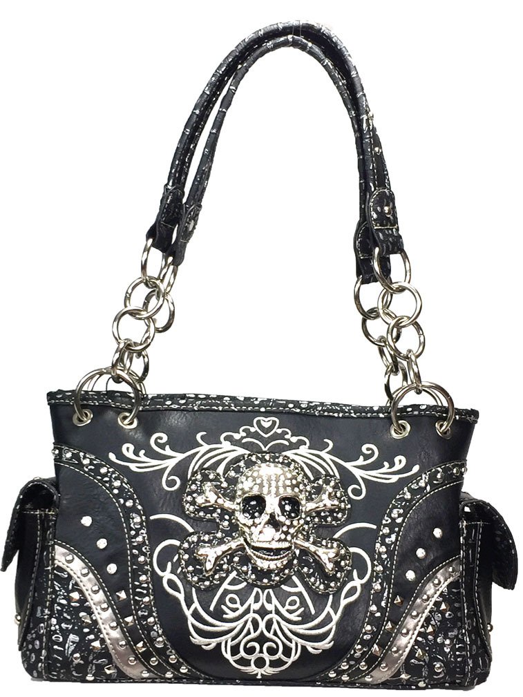 Zzfab Embroidered Concealed Carry Western Handbag Rhinestone Studded Skull Purse